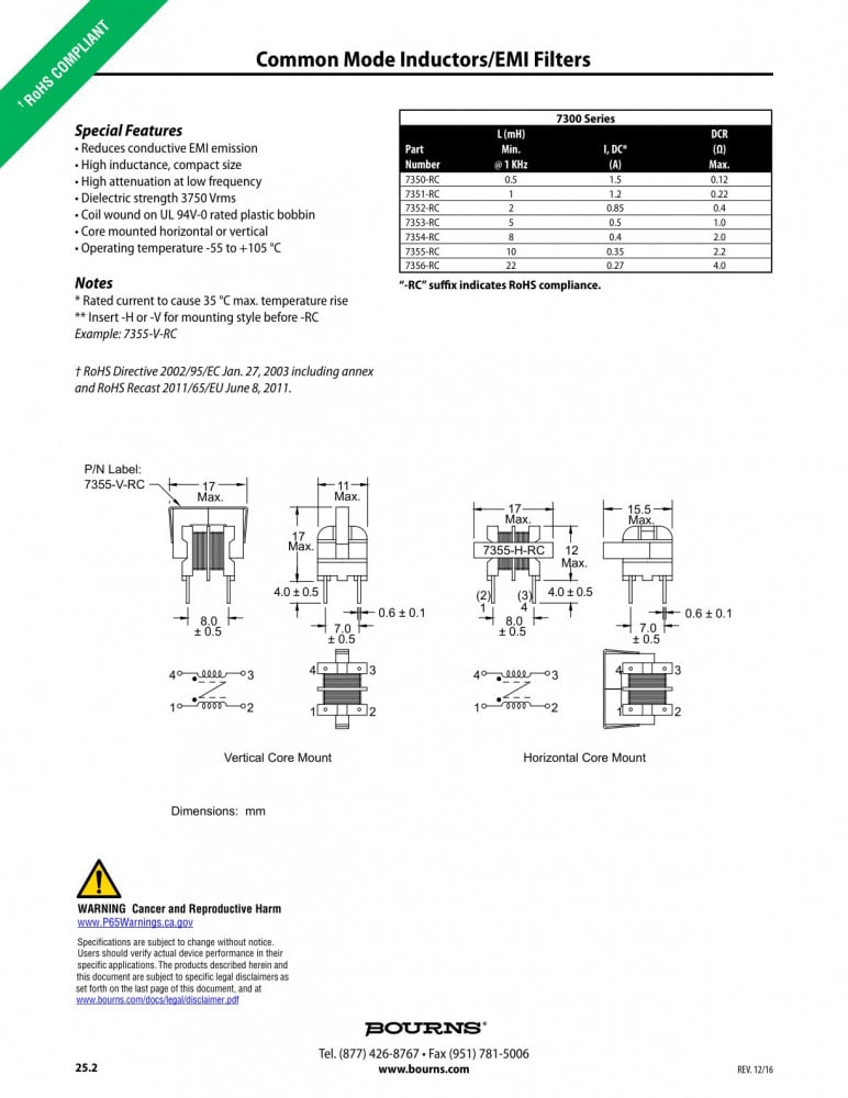 BOURNS 7300 Series technical document page 1