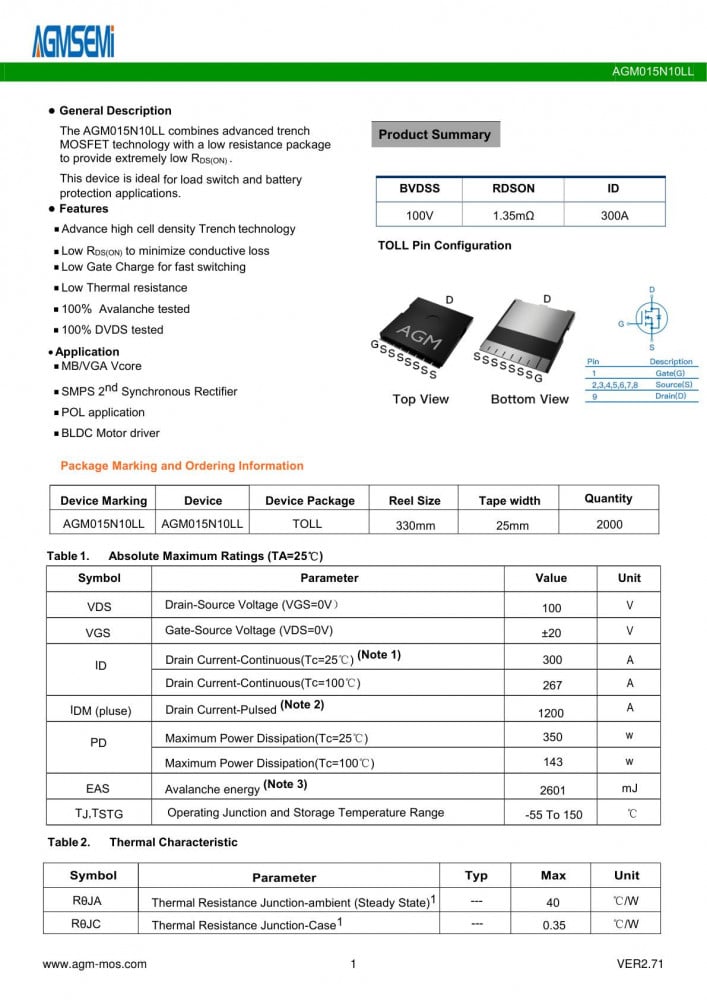 AGM015N10LL datasheet page 1
