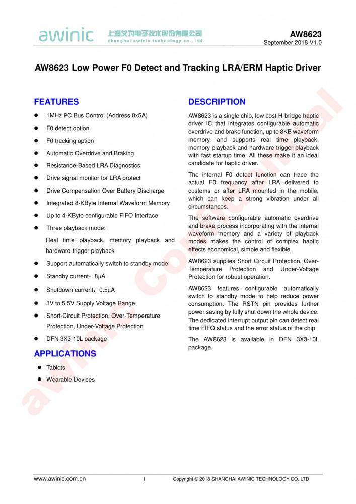 AW8623DNR datasheet page 1