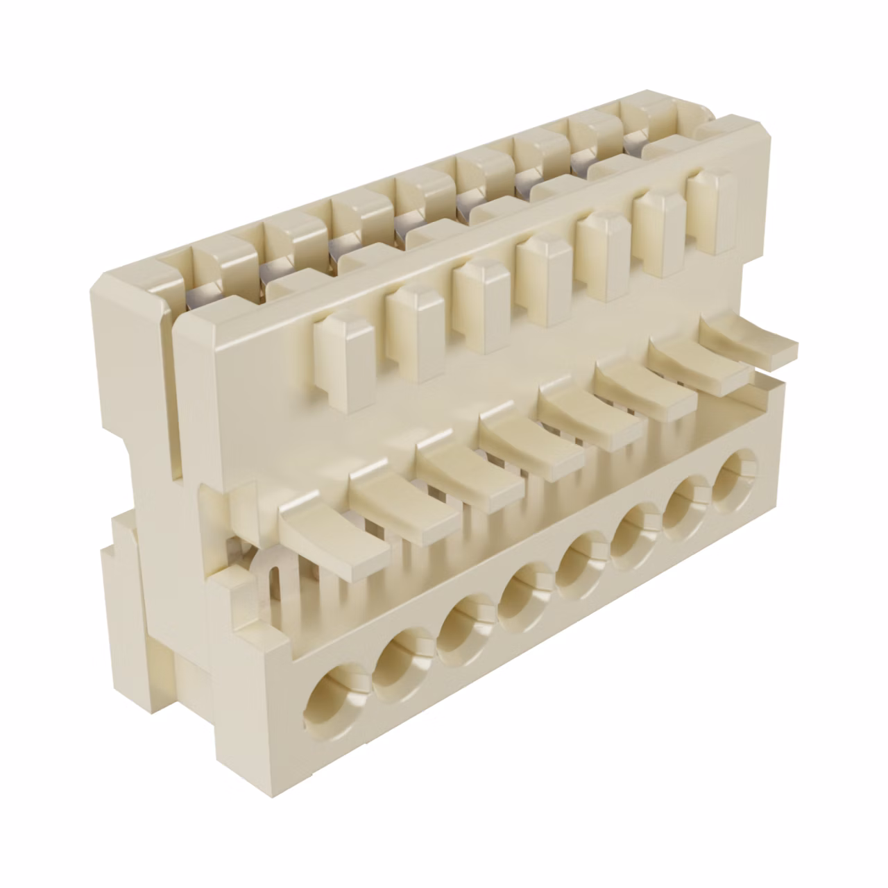 Appli-Mate RAST 2.5 Connector, 2.50mm Pitch, Female, 8 Circuits, Positions A and I Removed, Polarizing Rib Between 7/8, Locking Pips, Open Endwalls, Tin Plating