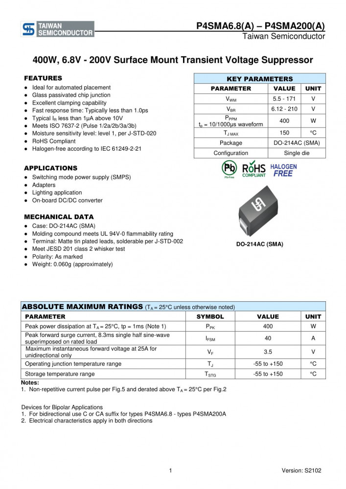 P4SMA33 datasheet page 1