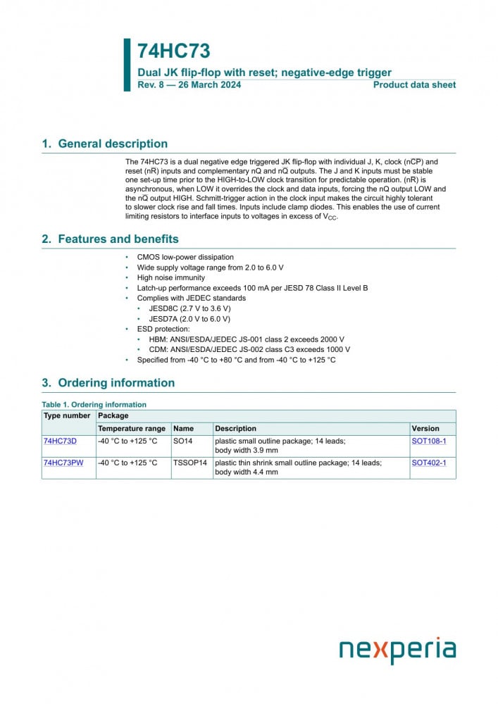 74HC73 datasheet page 1