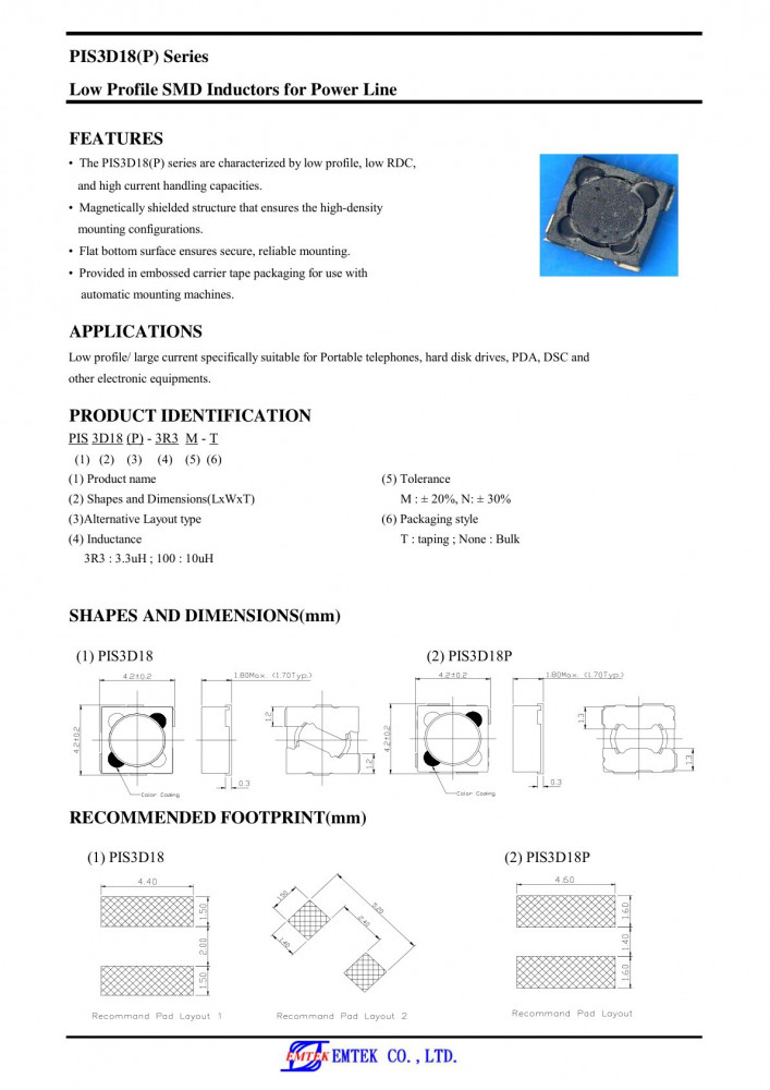 EMTEK PIS3D18(P) series datasheet page 1