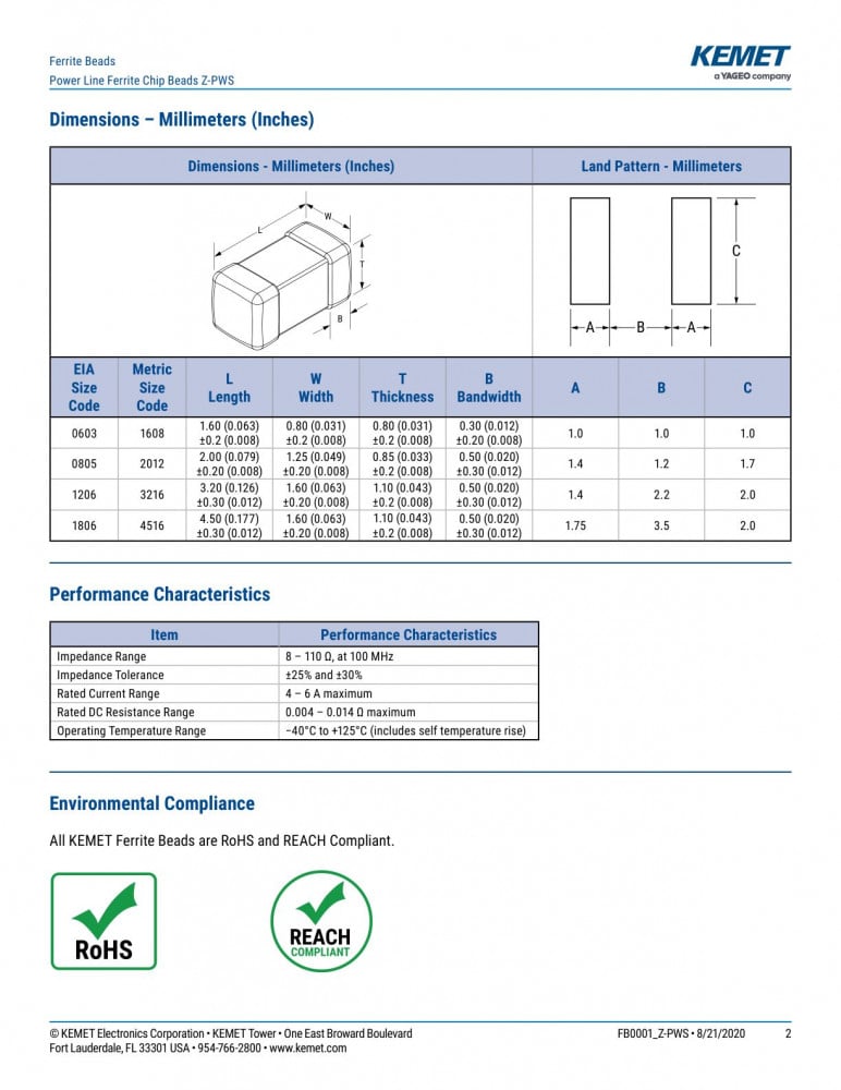 KEMET Z0805C210BPWST datasheet page 2
