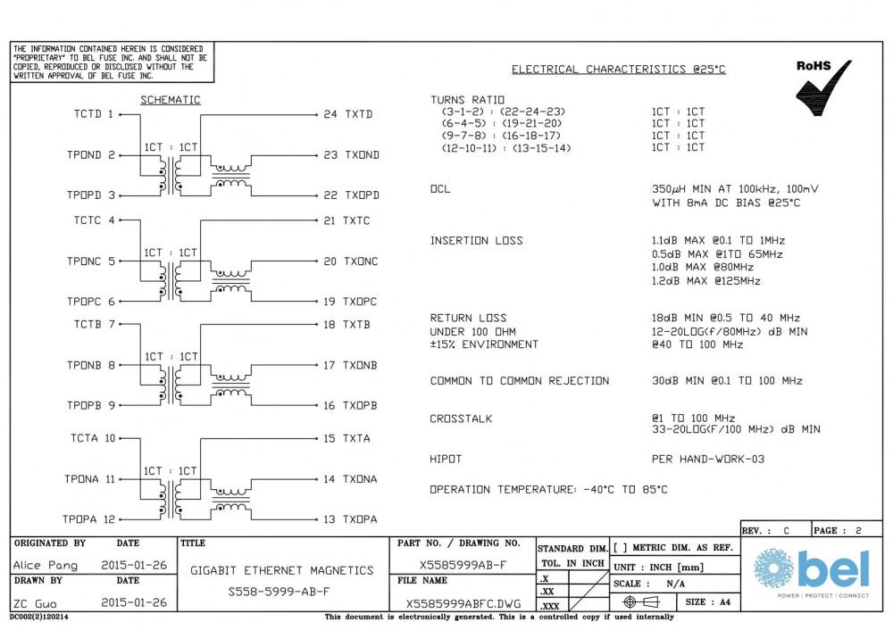 Bel Fuse S558-5999-AB-F electrical characteristics and drawing page