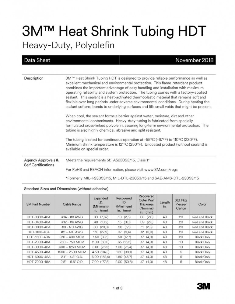 3M HDT heat shrink tubing datasheet page 1