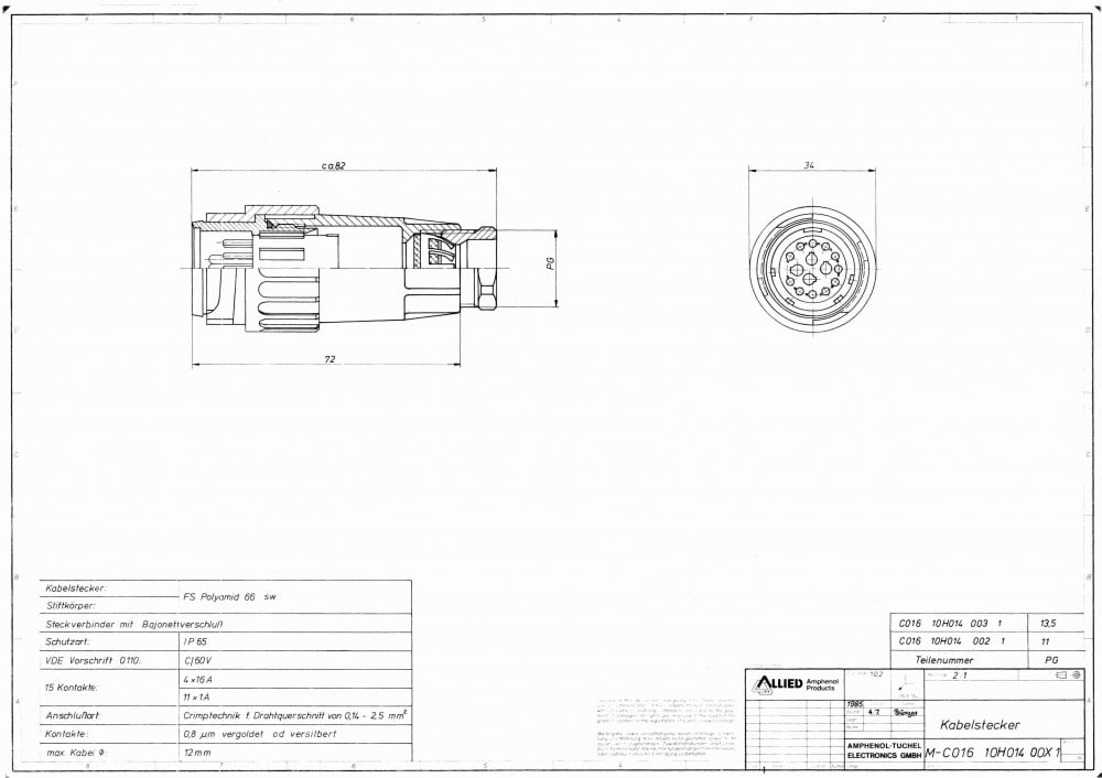 Amphenol C01610H0140032 technical drawing and specification page