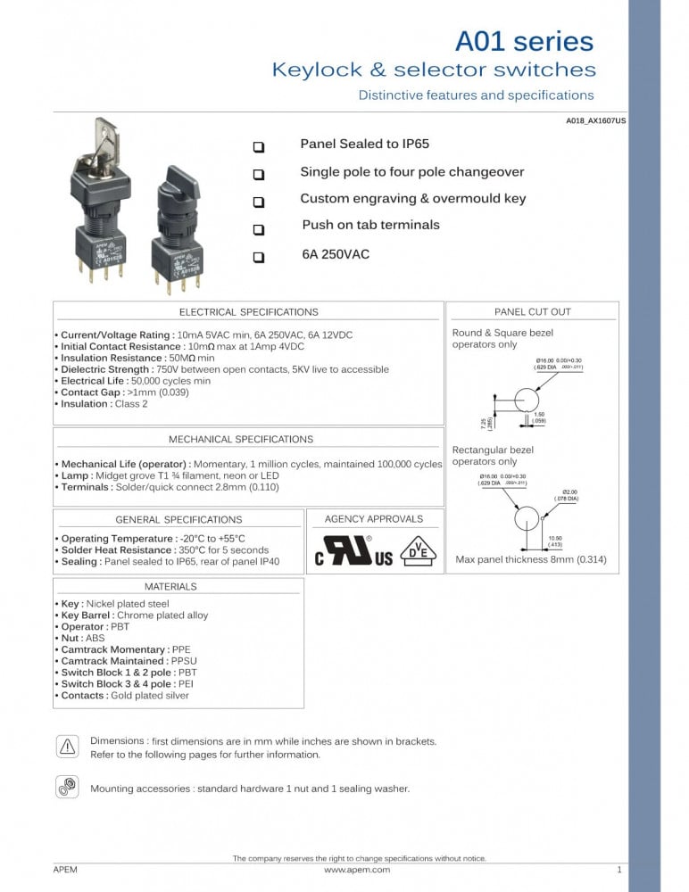 APEM A018101 datasheet page 1