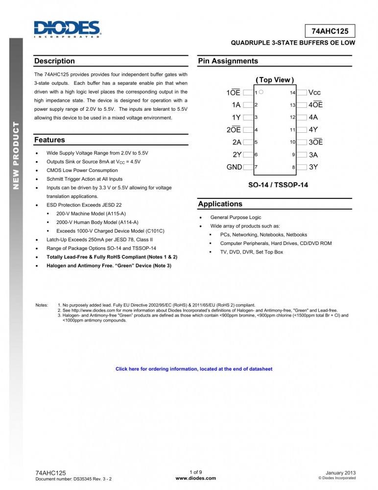 74AHC125S14-13 datasheet page 1