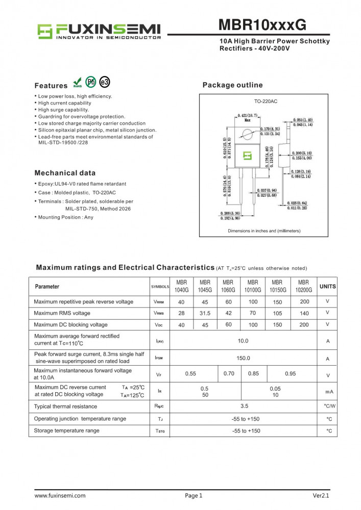 MBR1045G datasheet page 1