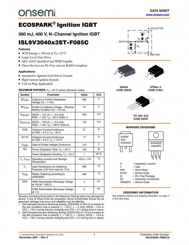 ISL9V3040P3-F085C datasheet page 1