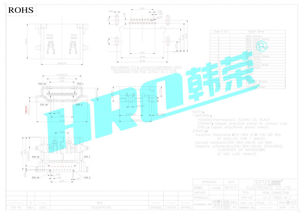 U-C-19DD-W-1 HDMI connector technical drawing page 1