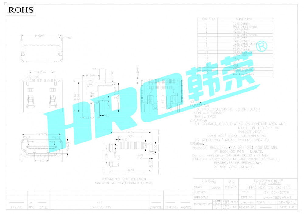 U-C-19DD-W-1 HDMI connector technical drawing page 2
