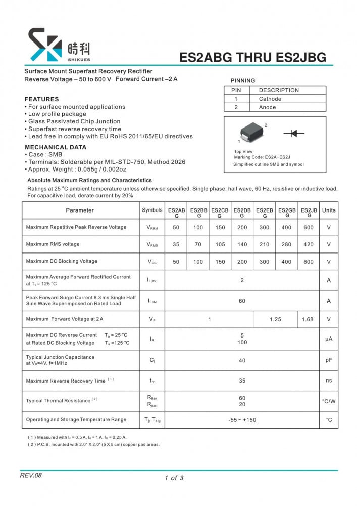 ES2BBG datasheet page 1