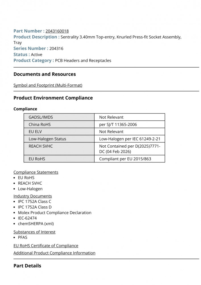 MOLEX 2043160018 product document page 1
