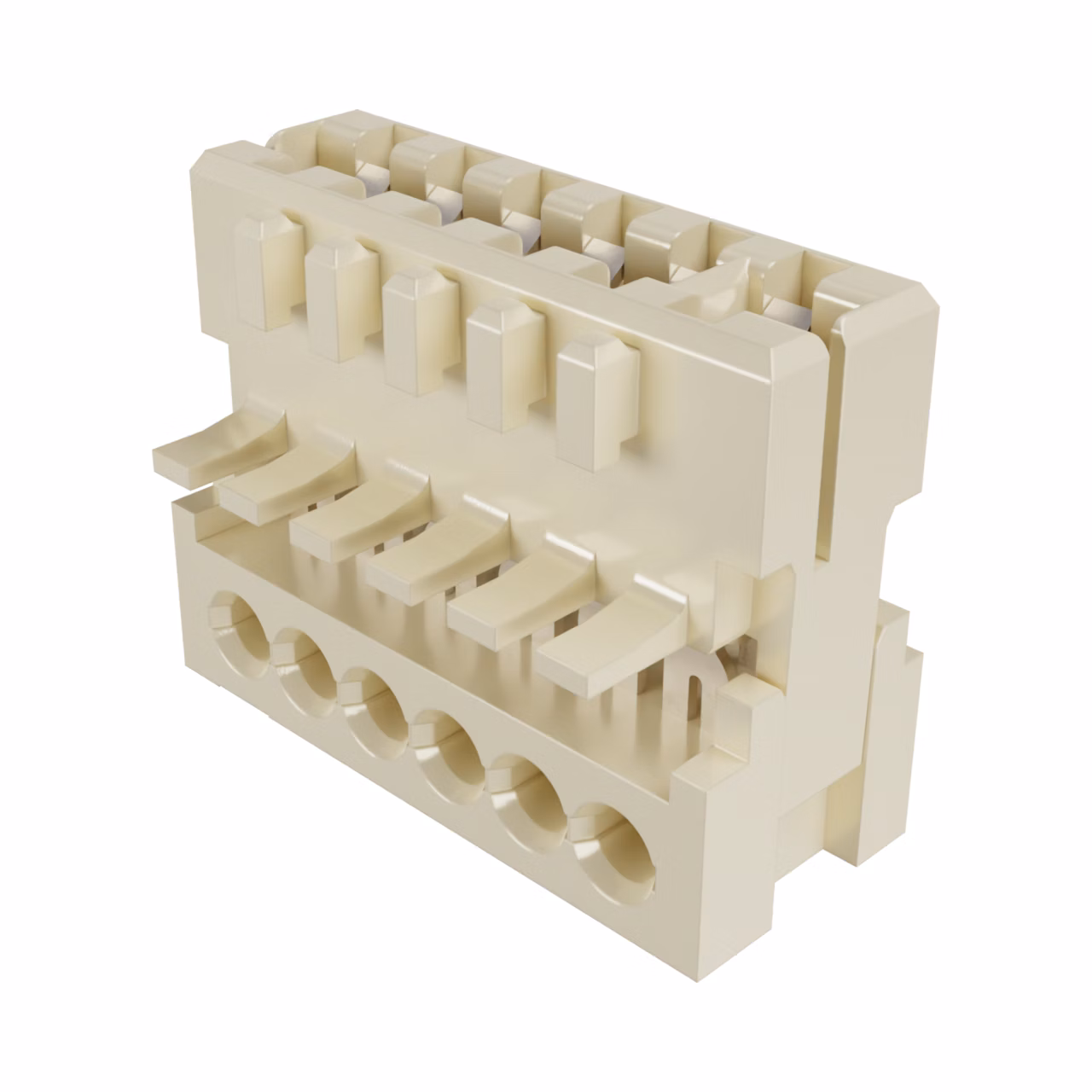 Appli-Mate RAST 2.5 Connector, 2.50mm Pitch, Female, 6 Circuits, Positions A and G Removed, Polarizing Rib Between 5/6, Locking Pips, Slotted Endwalls, Tin Plating for sale