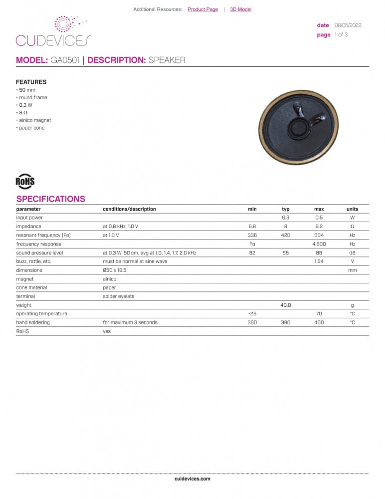 GA0501 datasheet page 1
