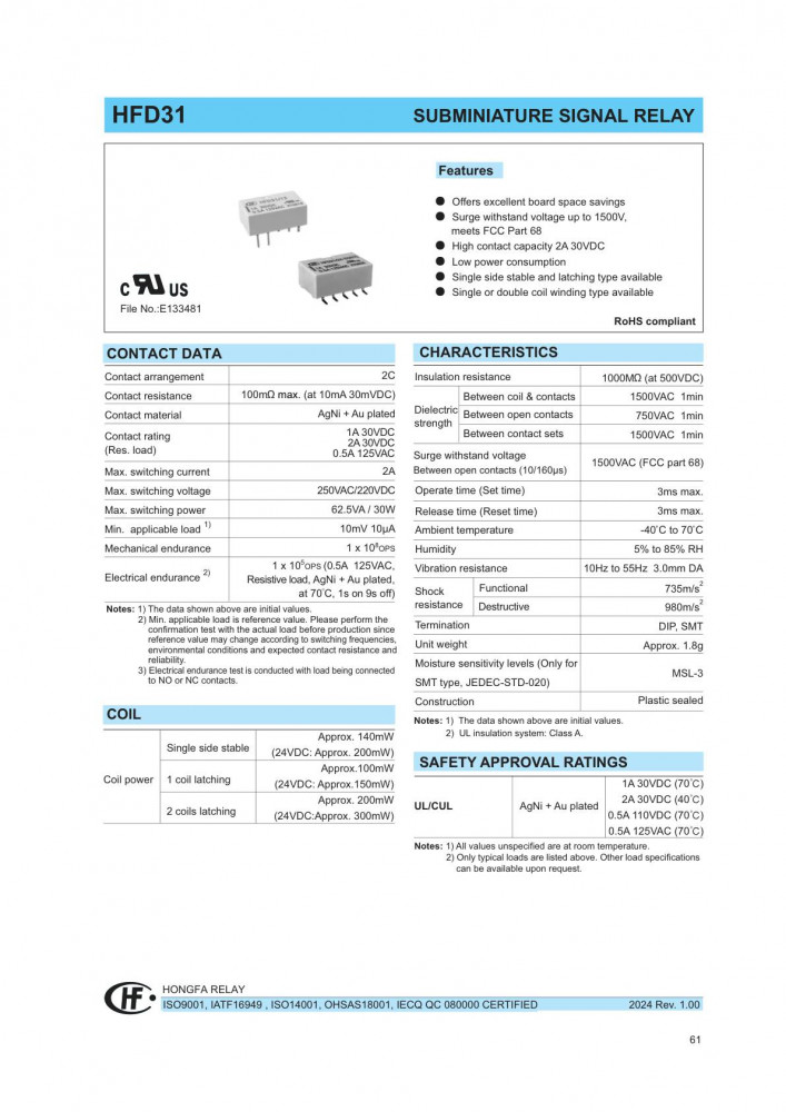 HFD31 series datasheet page 1