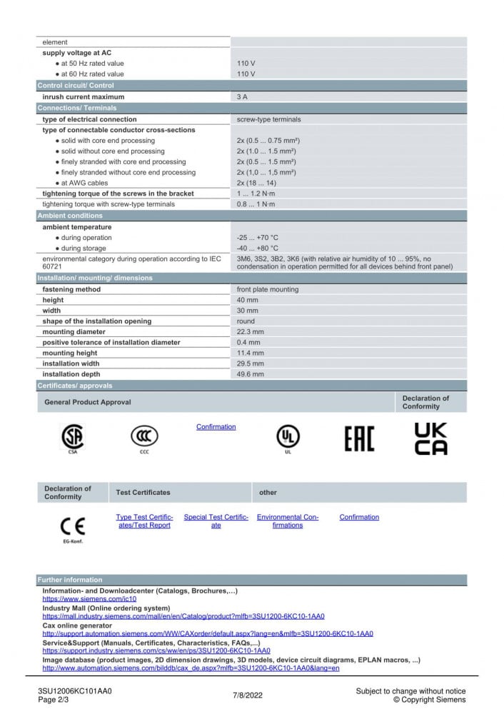 SIEMENS 3SU12006KC101AA0 datasheet page 2