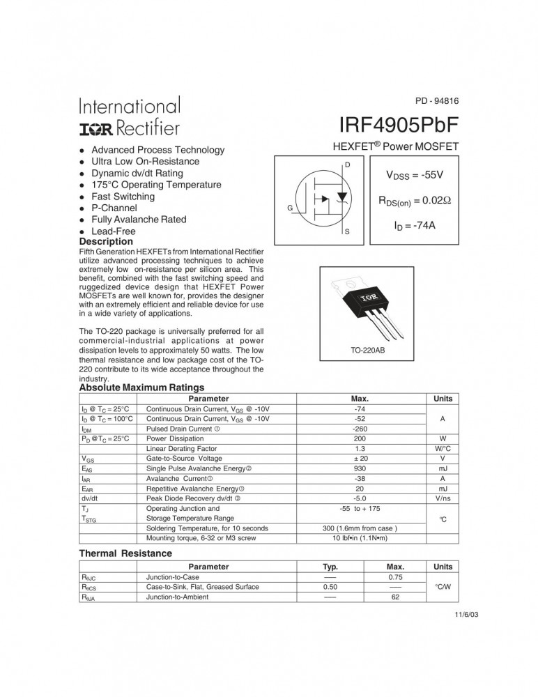 IRF4905PBF datasheet page 1