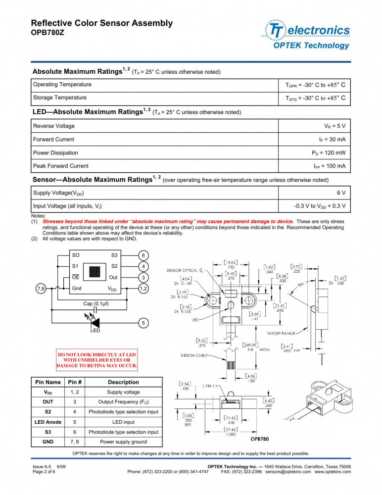 OPB780Z technical document page 2