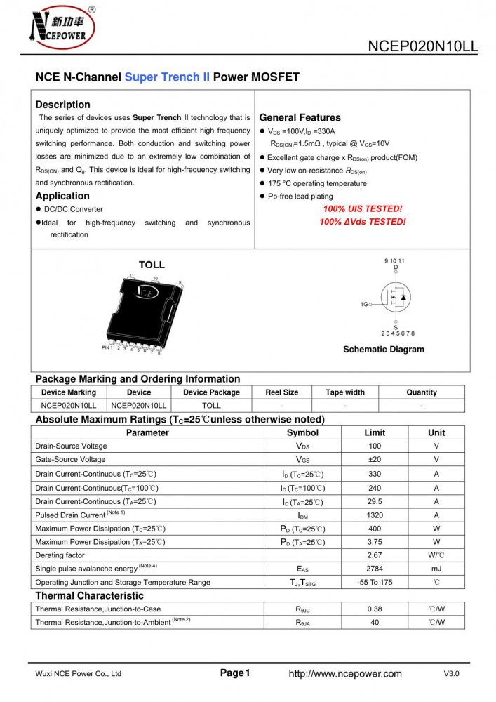 NCEP020N10LL datasheet page 1