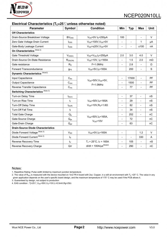 NCEP020N10LL datasheet page 2