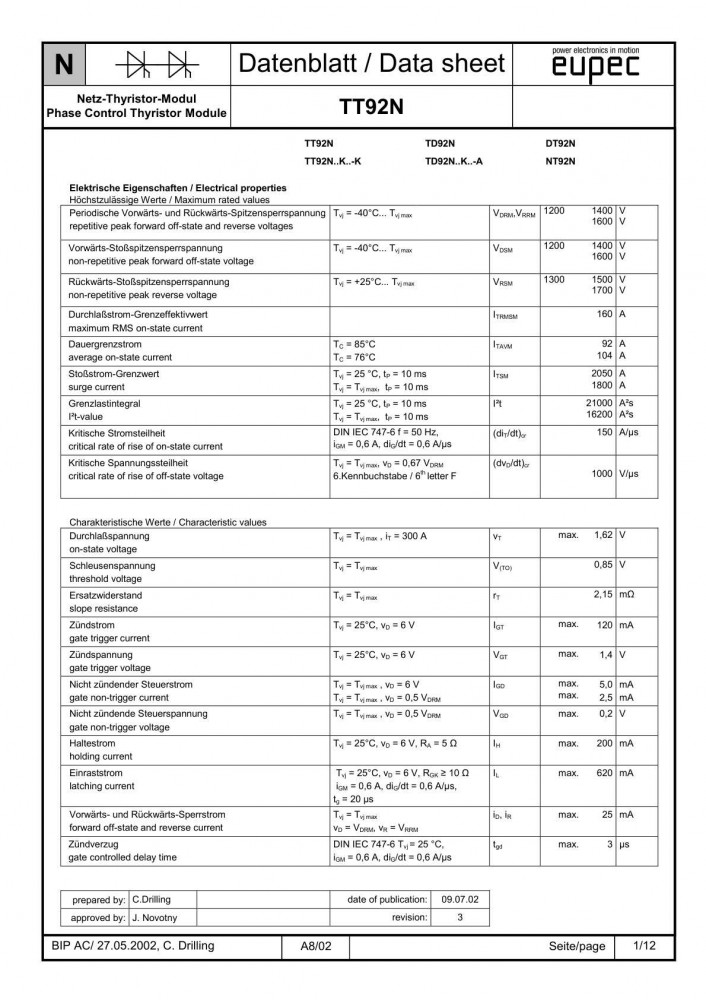 TT92N datasheet page 1