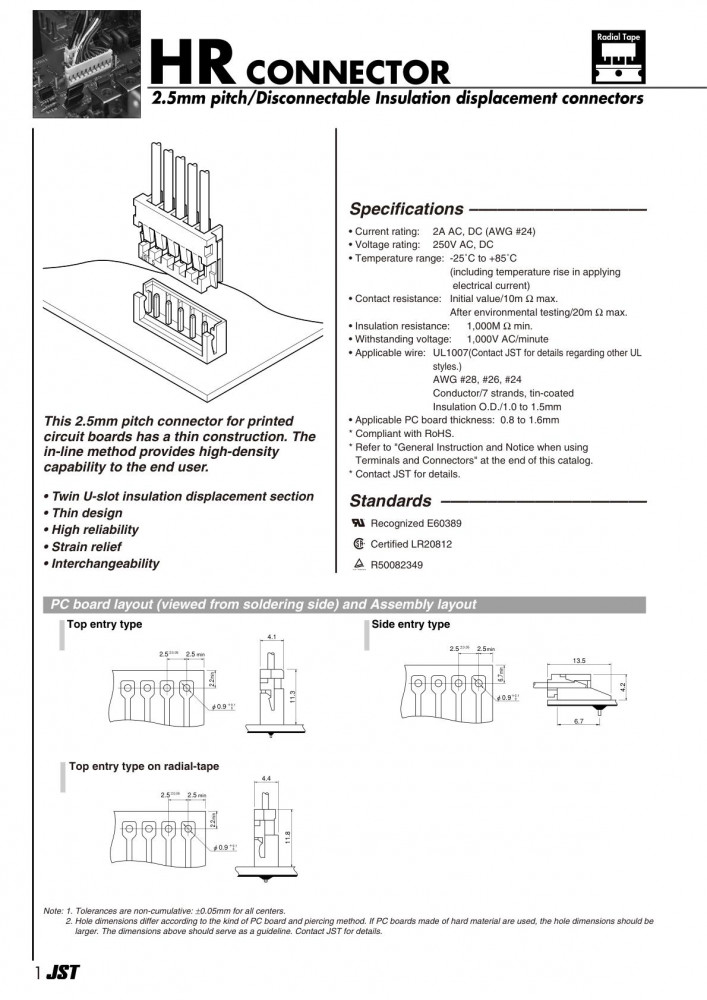 JST HR series connector specifications and PCB layout