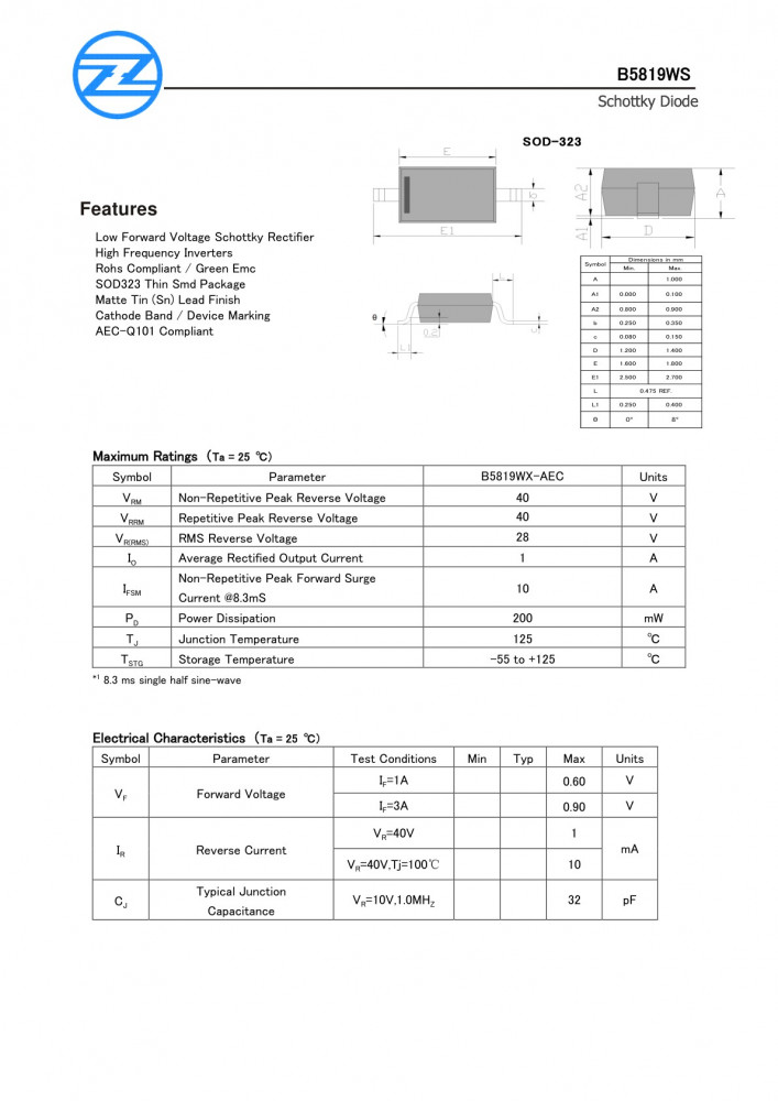 B5819WS datasheet page 1