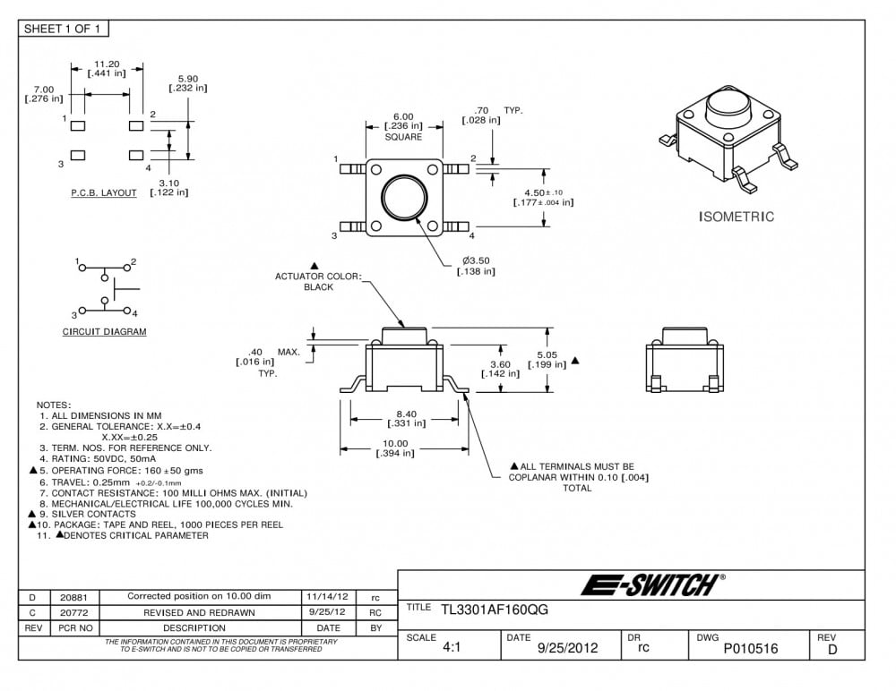 E-Switch TL3301AF160QG technical drawing