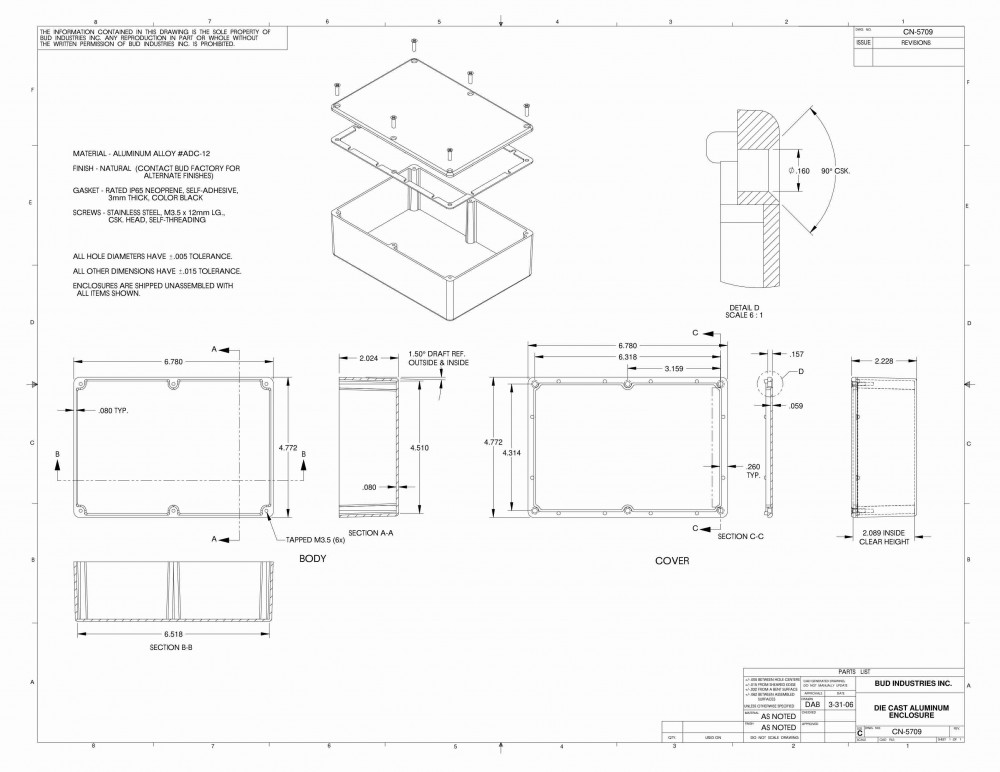 CN-5709 Bud Industries die-cast aluminum enclosure drawing