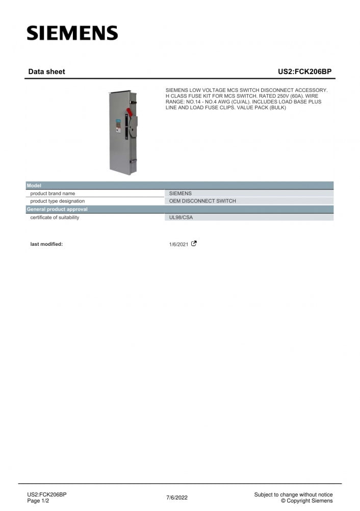 SIEMENS FCK206BP datasheet page 1