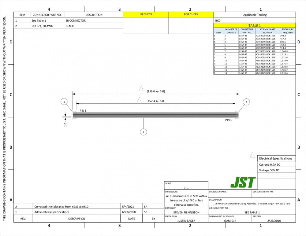 JST SR connector assembly technical document page