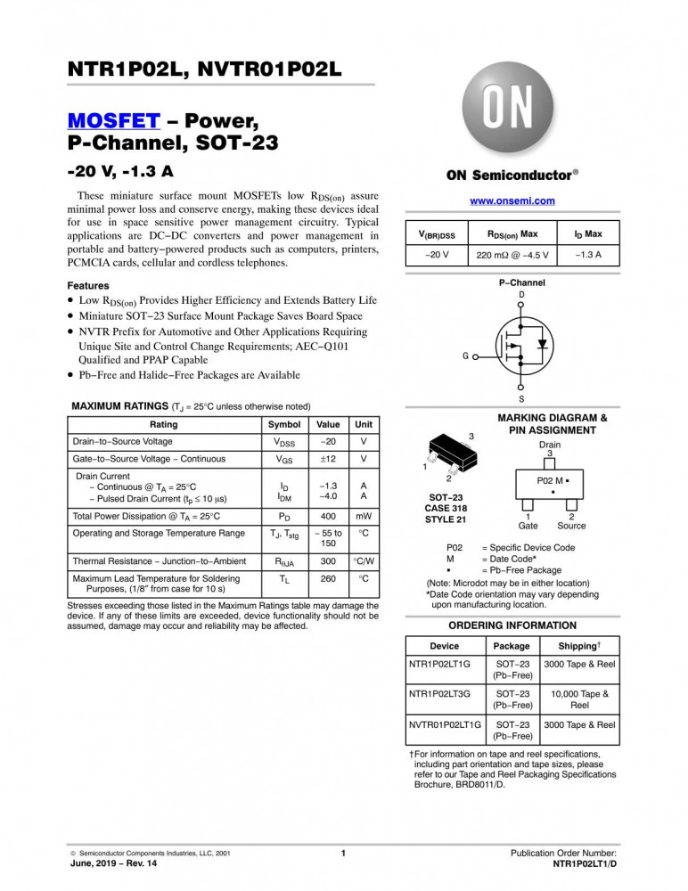 NTR1P02LT3G datasheet page 2