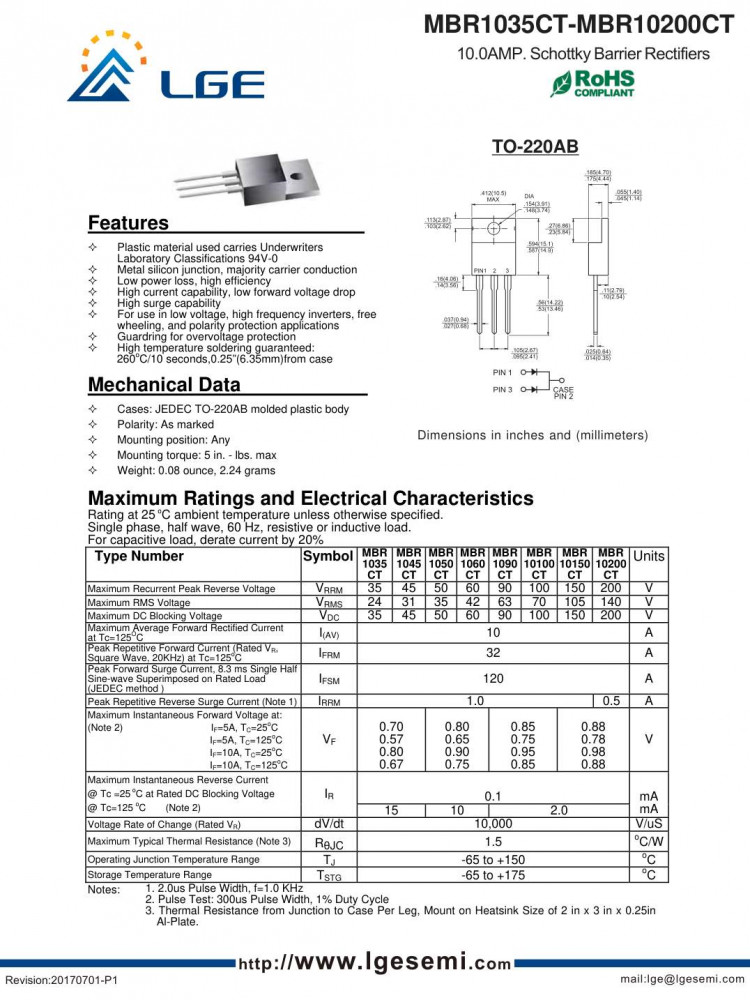 LGE MBR10100CT datasheet page 1