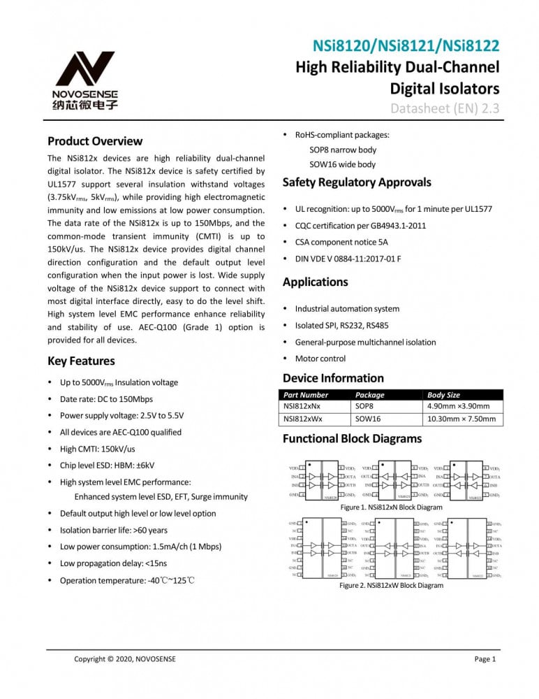 NSi8122N1 datasheet page 1