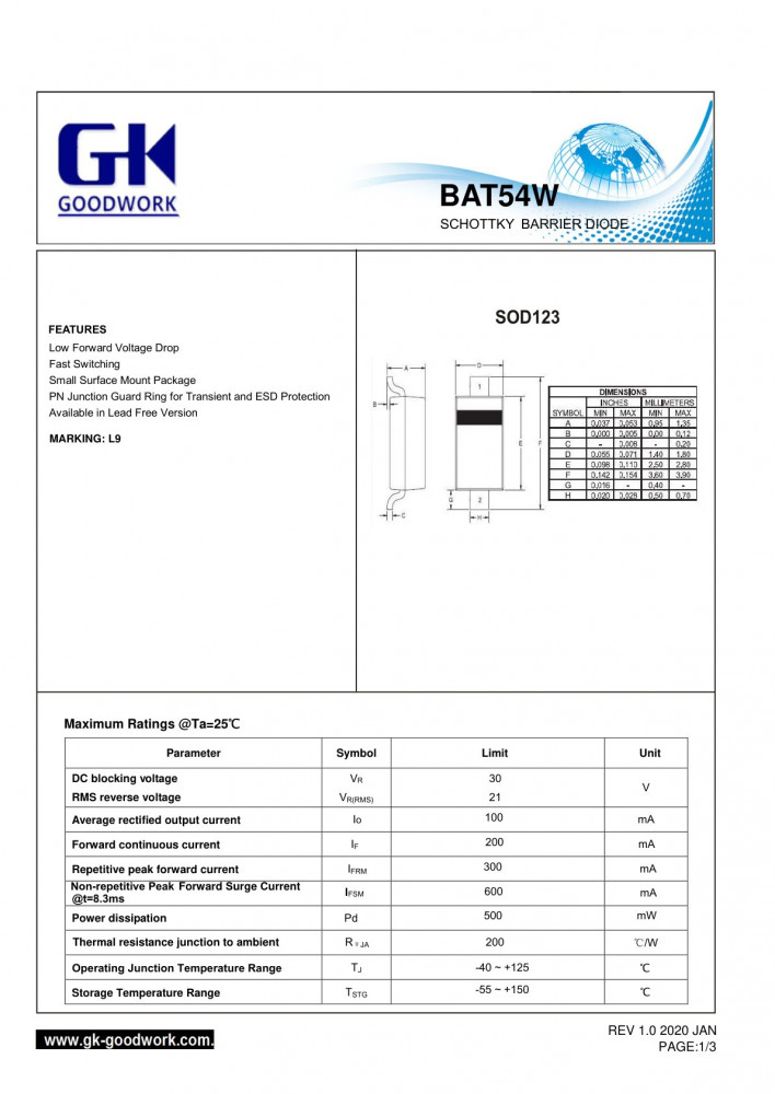 GOODWORK BAT54W datasheet page 1
