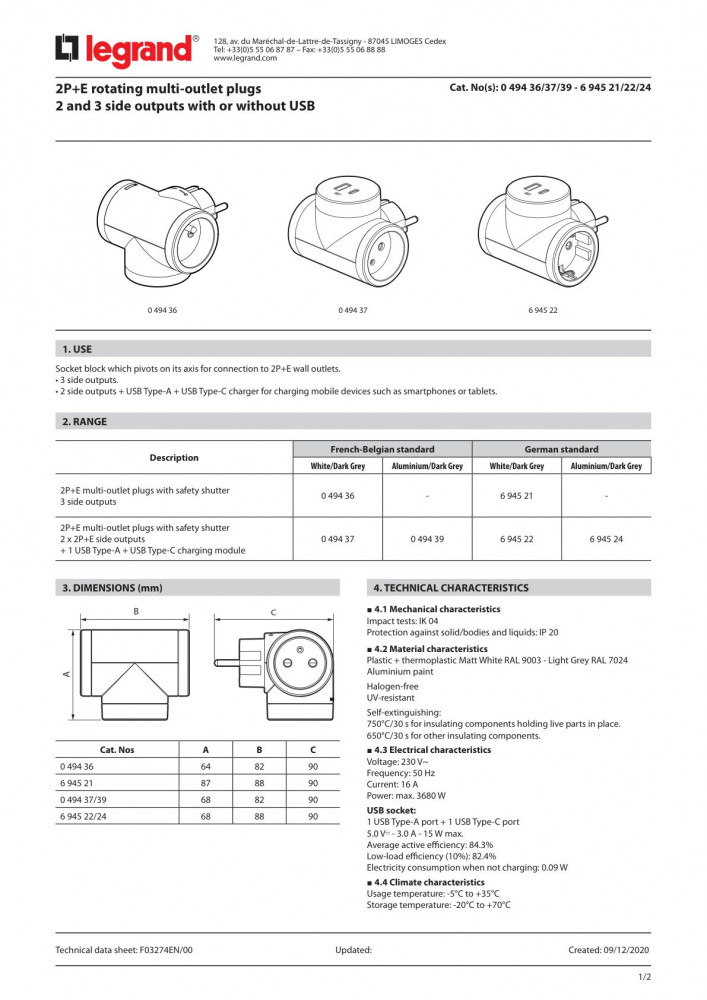Legrand 2P+E rotating multi-outlet plugs technical document, page 1