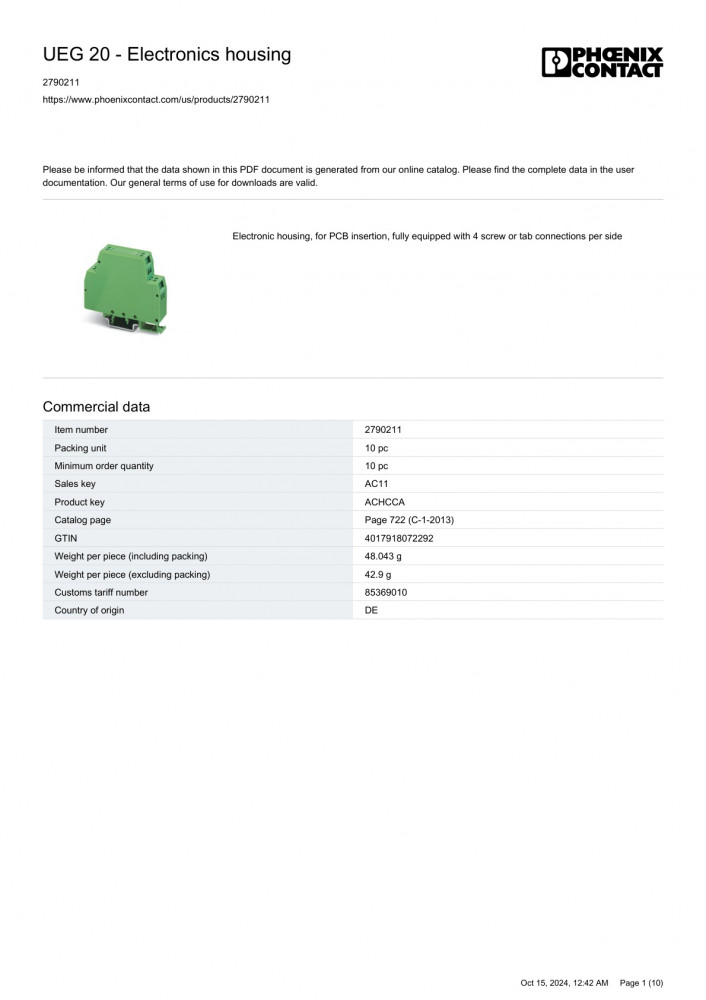 Phoenix Contact 2790211 technical document page 1