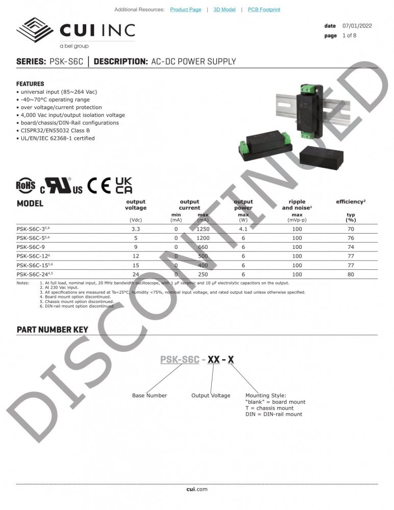 CUI PSK-S6C-3 datasheet page 1