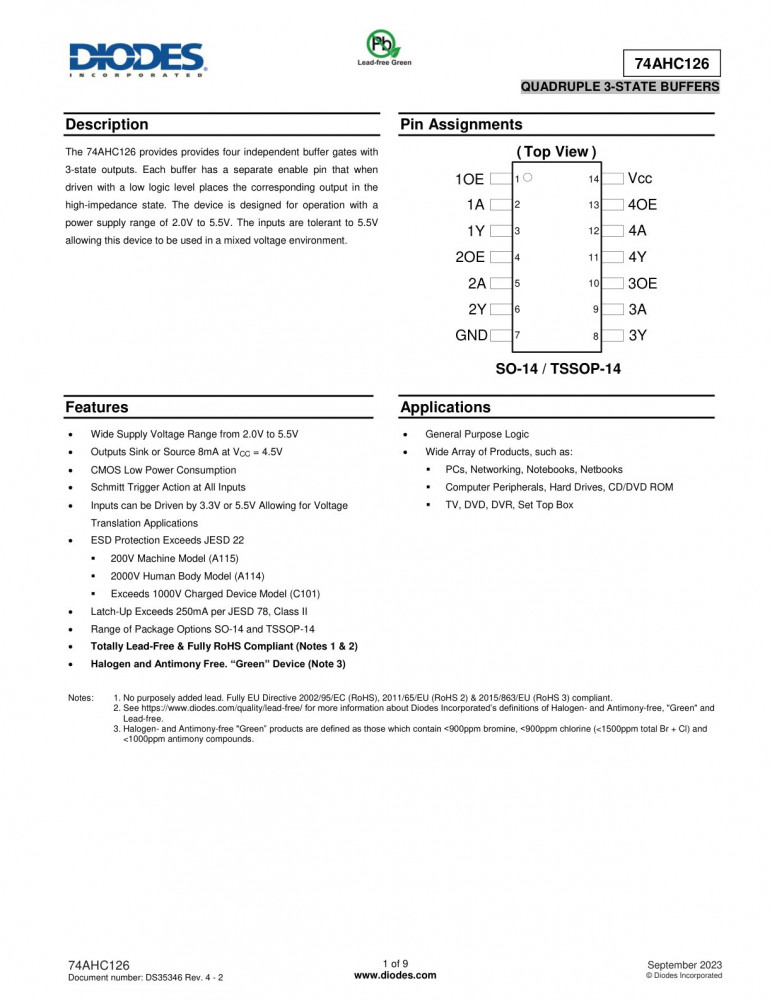 74AHC126S14-13 datasheet page 1