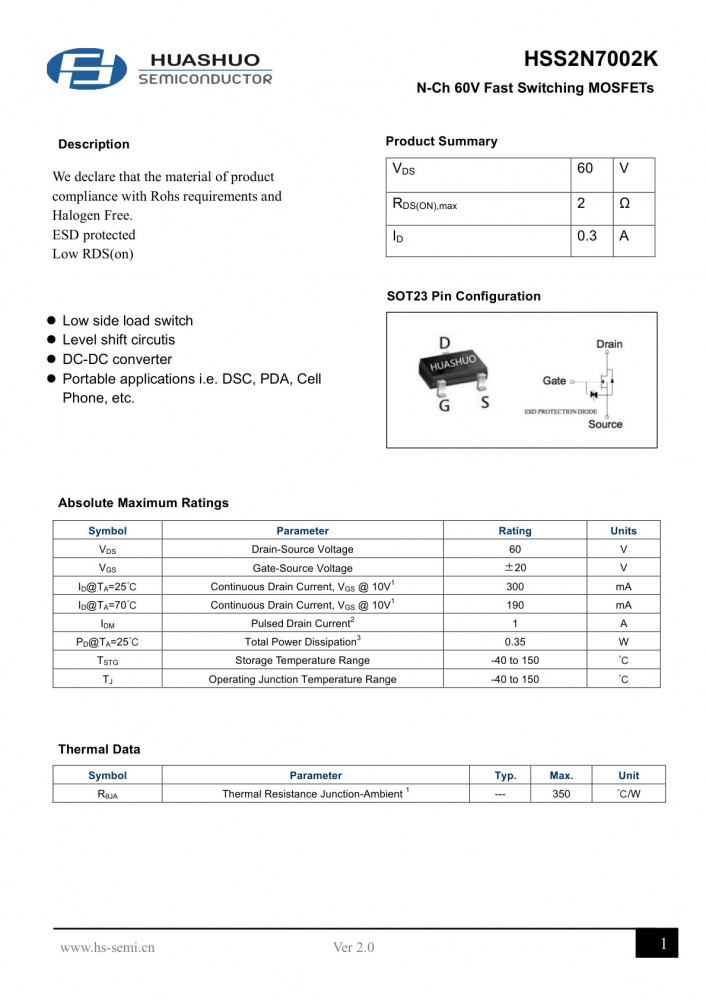 HSS2N7002K datasheet page 1