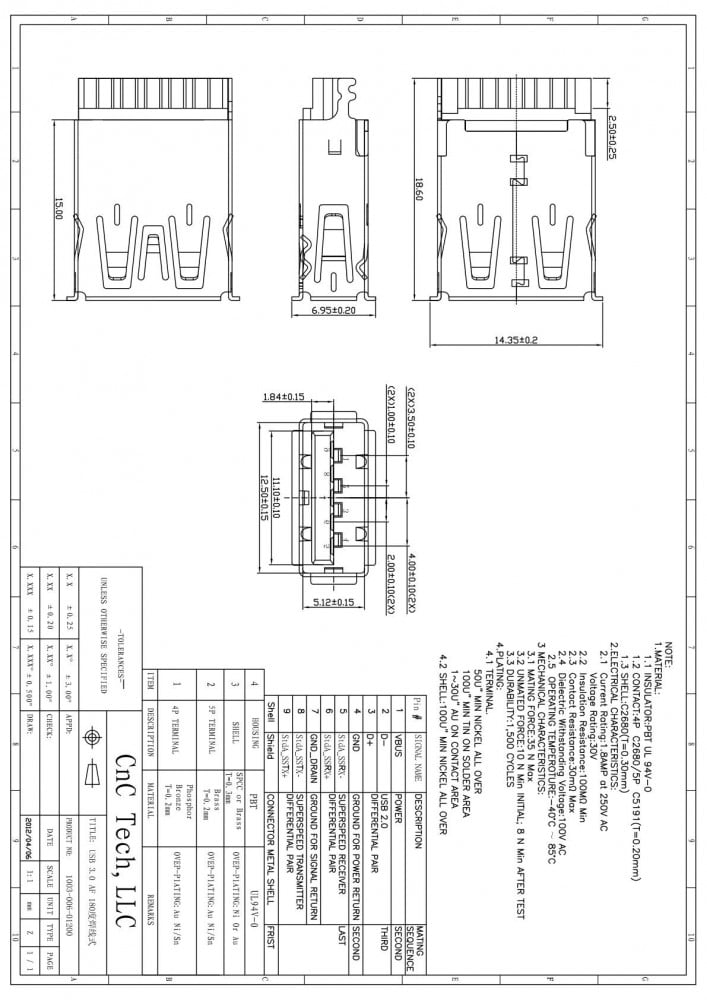 CNC Tech 1003-006-01200 USB 3.0 connector drawing