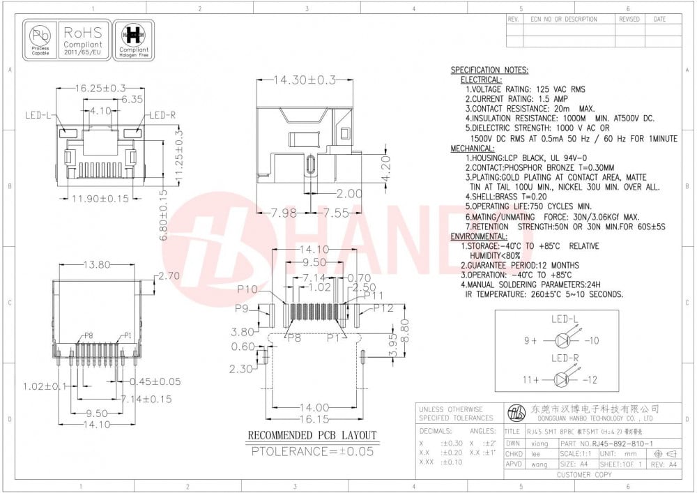 Hanbo Electronic RJ45-892-810-1 technical drawing