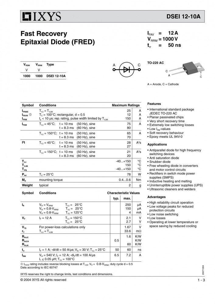 DSEI12-10A technical datasheet page 1