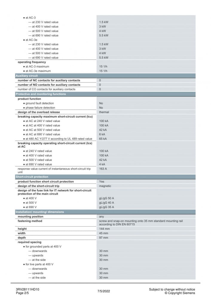 3RV28111HD10 technical document page 2