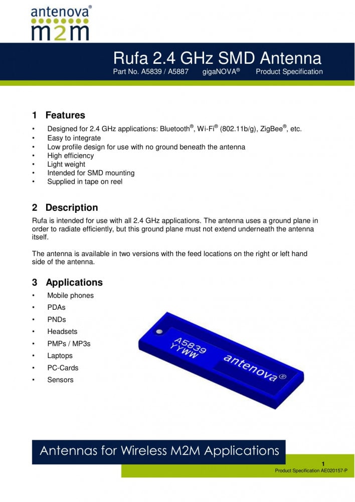 Antenova A5839 datasheet page 1