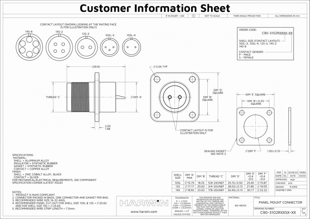 Harwin C90-3102R10SL-3P technical drawing