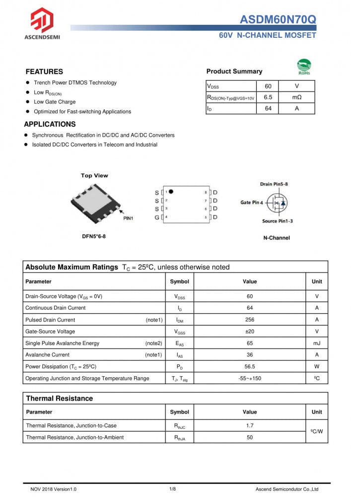 ASDM60N70Q-R datasheet page 1